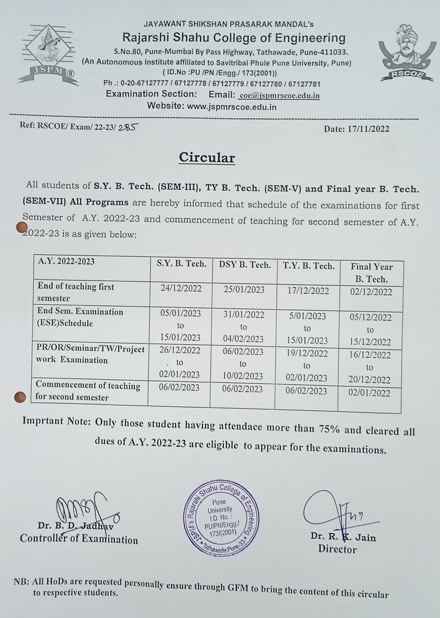 Examination - JSPM's Rajarshi Shahu College of Engineering, Tathawade, Pune